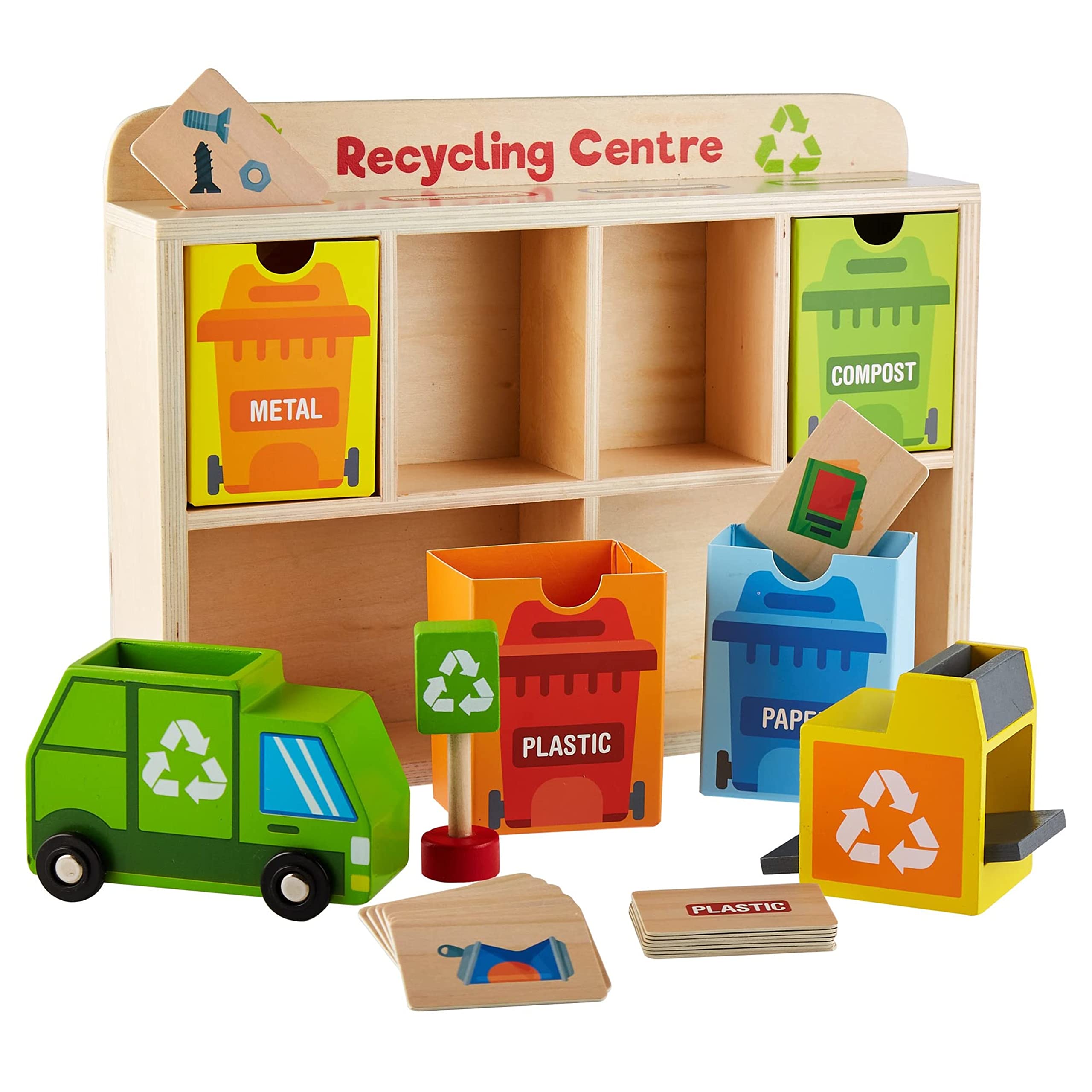 Reduce & Reuse Recycling Center Playset | Wooden Green Garbage Truck Toy, Sorting Bins, and Accessories | Safe, Natural Materials For Environmental Learning, Fine Motor Skills, and Play | 24 Pieces