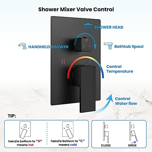 gotonovo Matte Black Shower System Bathroom Shower Faucet Wall Mount 8 Inch Square Rainfall Shower Head 3-Function Waterfall Tub Spout and Hand Held Spray with Rough-in Valve and Shower Trim Included