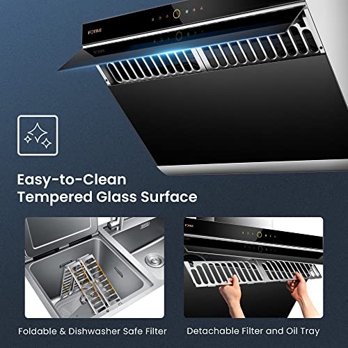 FOTILE JQG7505 30β Under-Cabinet or Wall-Mount Range Hood | Dual DC-Motor | Slant Vent Design | Hands Free On and Off | Touchscreen with 4 Speed Level | Modern Kitchen Onyx Black Glass