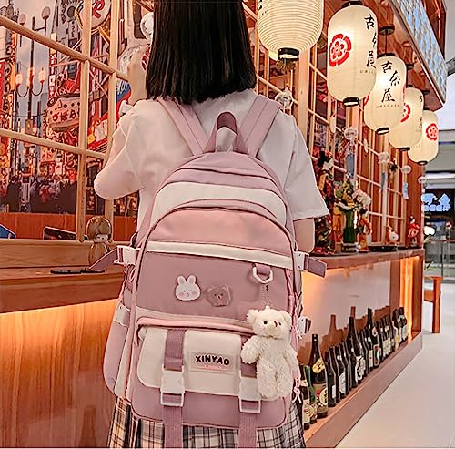 Phaoullzon Kawaii Backpack for School Aesthetic Bookbag Cute Anime Backpacks for Girls with Pins and Pendant, Pink