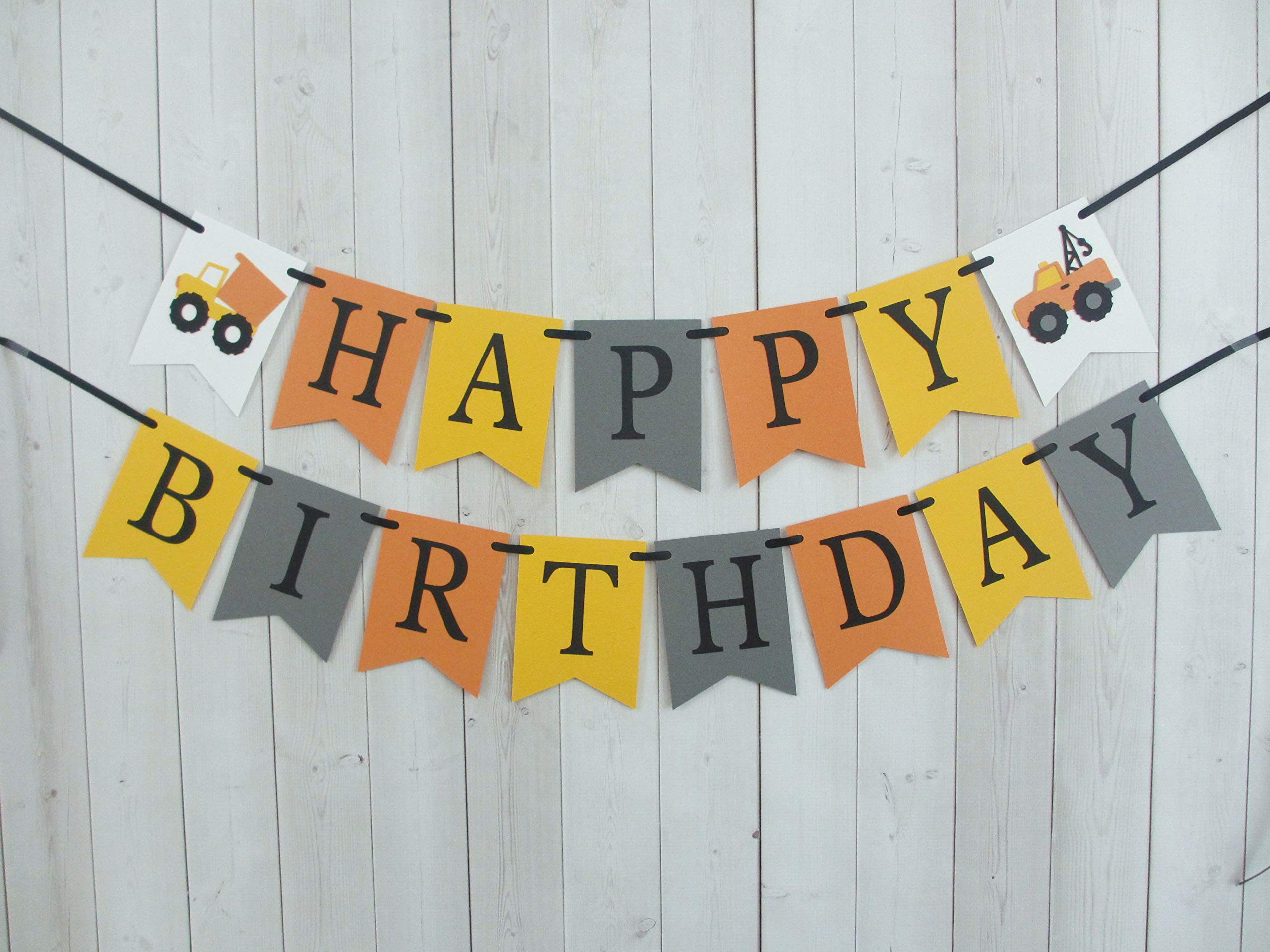 Construction Truck Happy Birthday Party Banner Sign Aqua Orange Yellow Grey