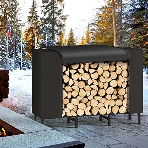 ETELI Firewood Log Rack Outdoor with Cover 4 ft Indoor Fireplace Log Holder Wood Storage Racks Adjustable Heavy Duty Metal Wood Stacker Firewood for Inside Patio Porch