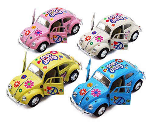 KiNSMART 1967 Volkswagen Classical Beetle w/Peace Love Decals, Set of 4 5375DF - 1/32 Scale Diecast Model Toy Cars