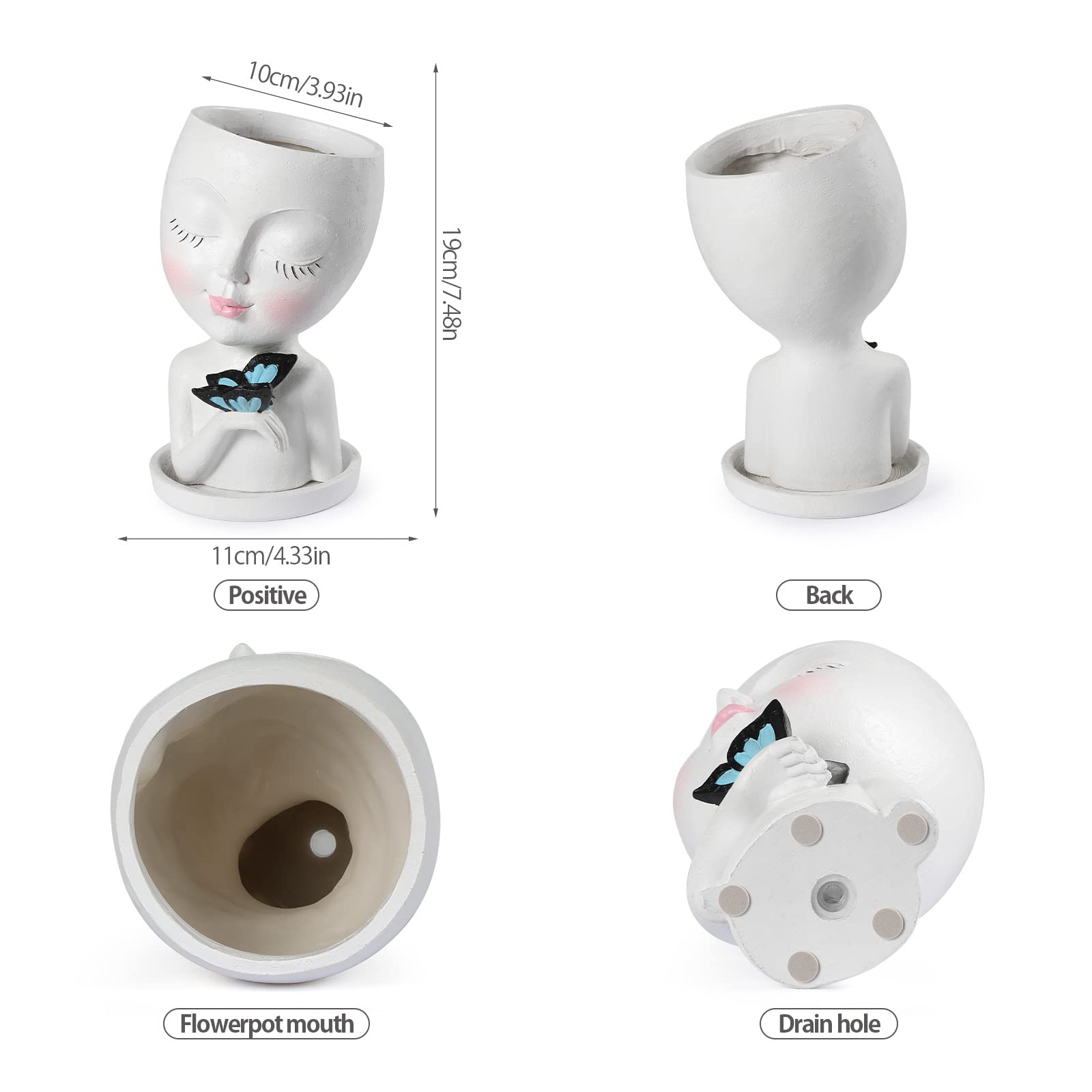 COWATM Face Planters Pots Head for Indoor Outdoor Planter Pot with Butterfly, Succulent Planter with Drainage Hole Cute Lady Face Flower Pots (White)