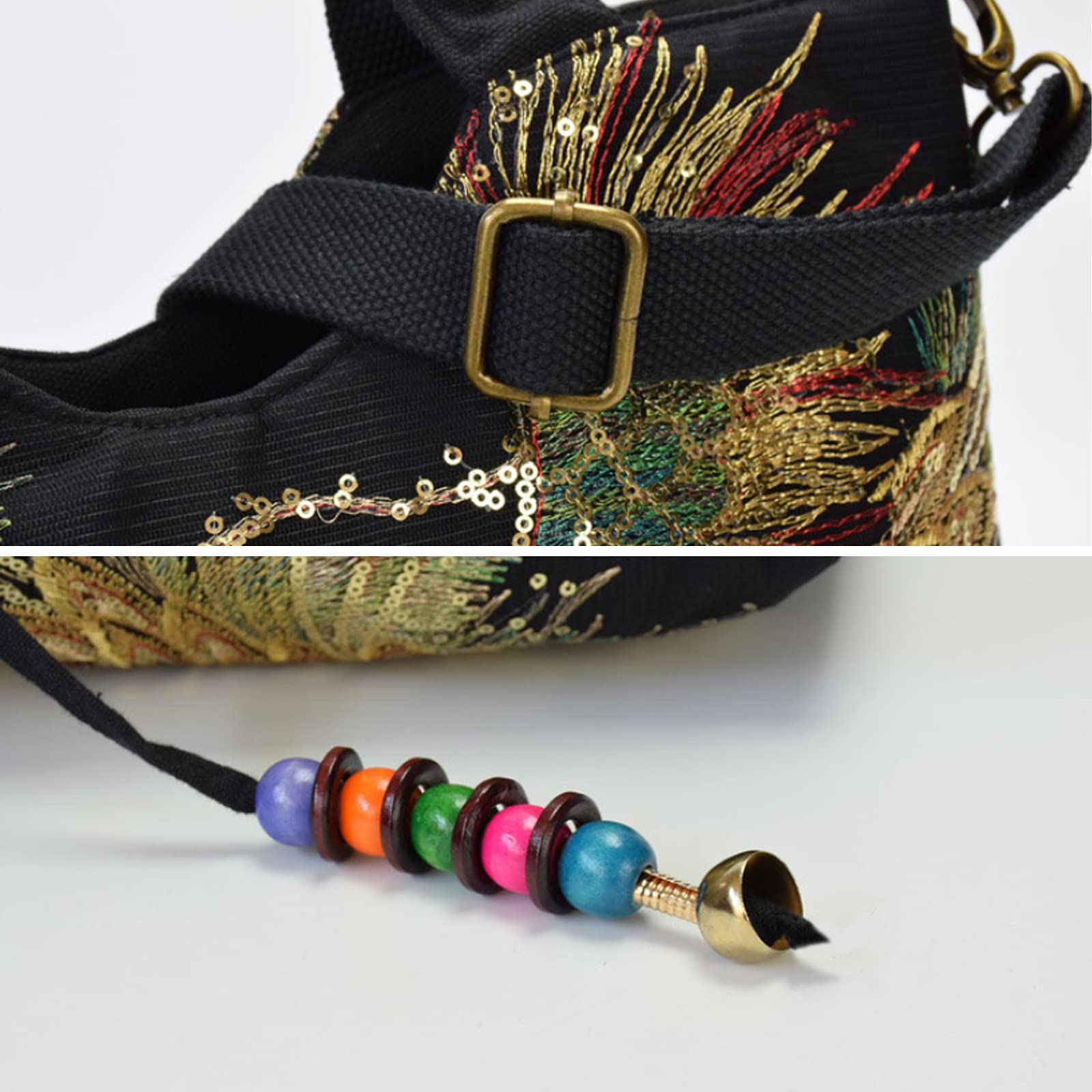 Women Vintage Sequins Peacock Handbag - Ethnic Embroidery with Pendants (black)