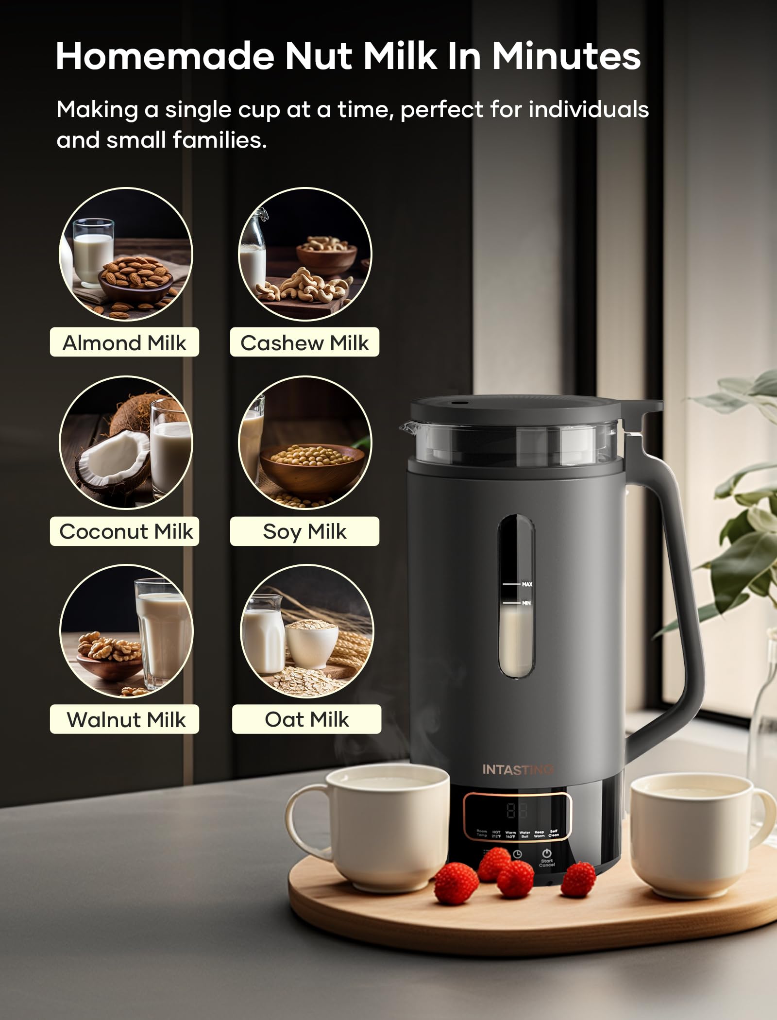 INTASTING Automatic Nut Milk Maker - Glass Inner - Homemade Almond, Oats, and More Grain - Soy Milk Machine with 6 Preset Modes - Keep Warm, Delay Timer, Boil Water, Self-Clean - Boil-Dry Protection