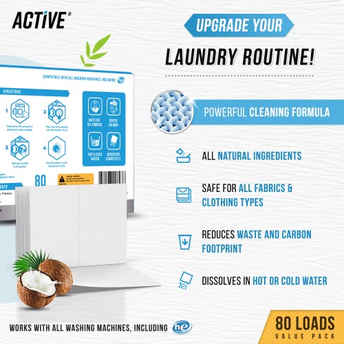 Laundry Detergent Sheets Eco Washing Strips - 80 Loads Package, Free & Clear Liquidless Clothes Washer Sheet, Zero Waste Travel Laundry Strip, Dissolvable Space Saving Sheets For HE - Fragrance Free