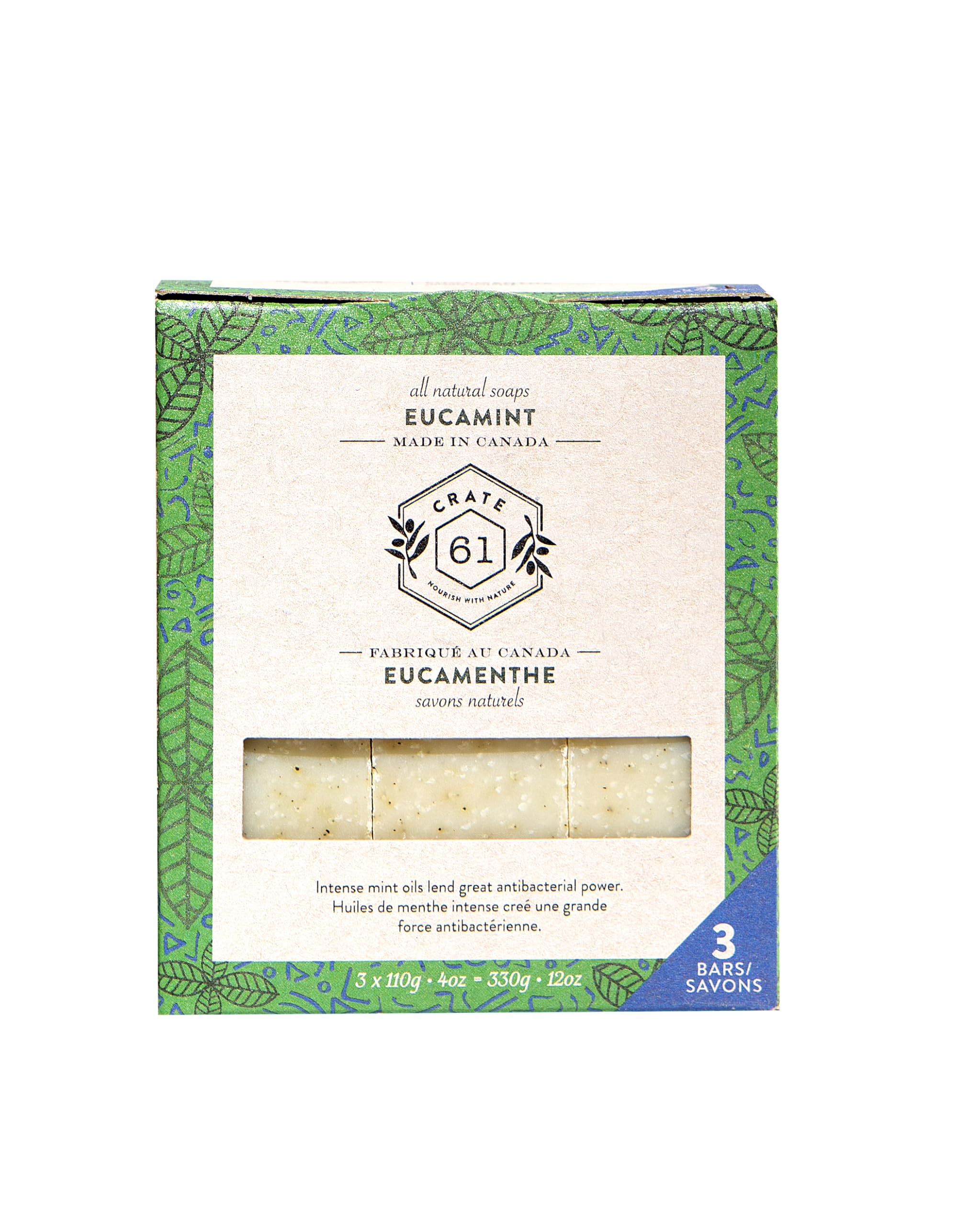Crate 61, Handmade in Canada, Plant Based Cold Process Natural Bar Soap For Face And Body, With Premium Essential Oils, Eucalyptus & Peppermint For Men And Women 3 Pack (Eucamint)