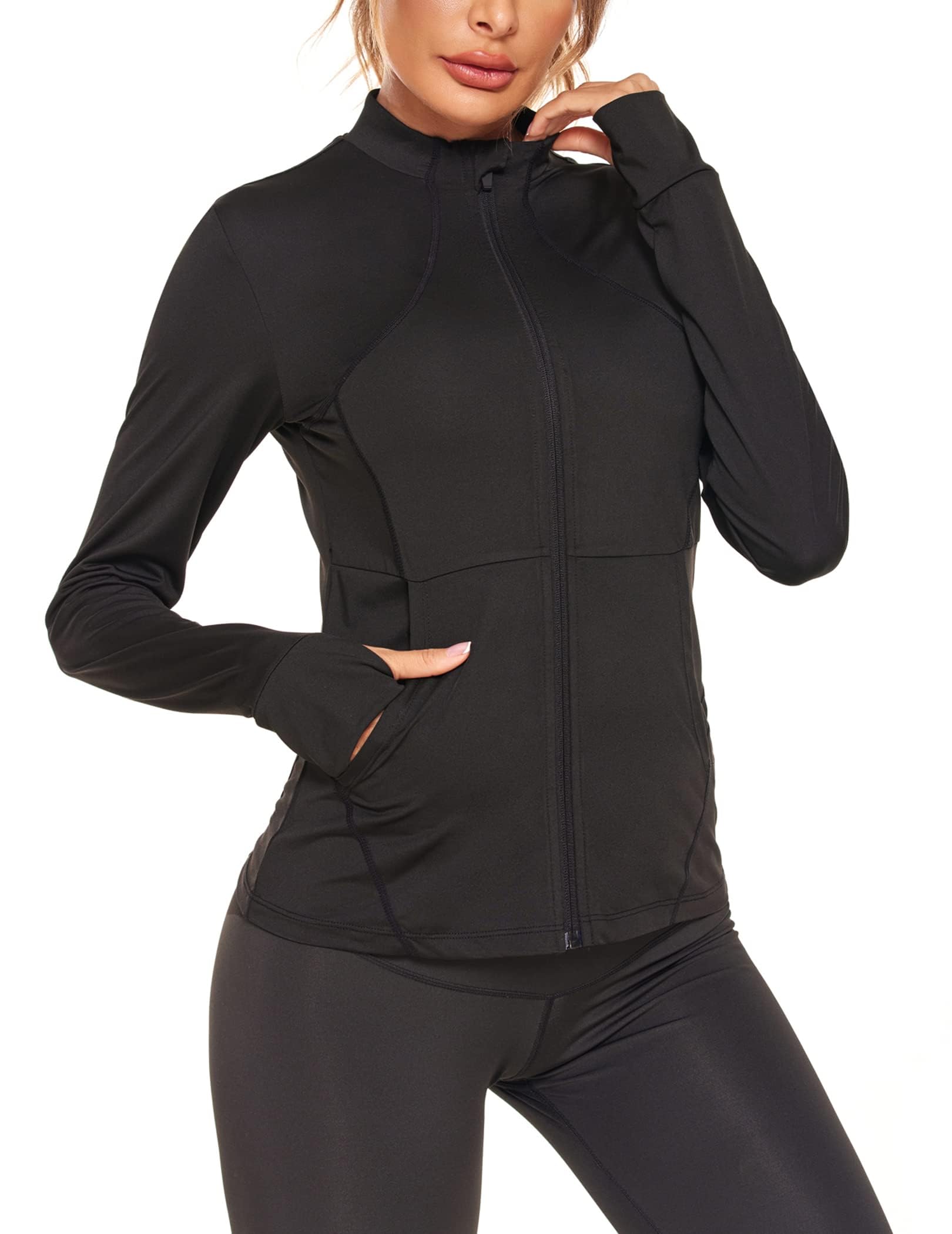 COOrun Women's Active Tennis Jacket with Thumb Holes Black Zip Up Running Track Jacket Black XXL