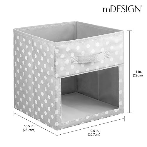mDesign Fabric Nursery/Playroom Closet Storage Organizer Bin Box, Front Handle/Window for Cube Furniture Shelving Unit, Hold Toys, Clothes, Diapers, Bibs, 4 Pack, Gray/White Polka Dot