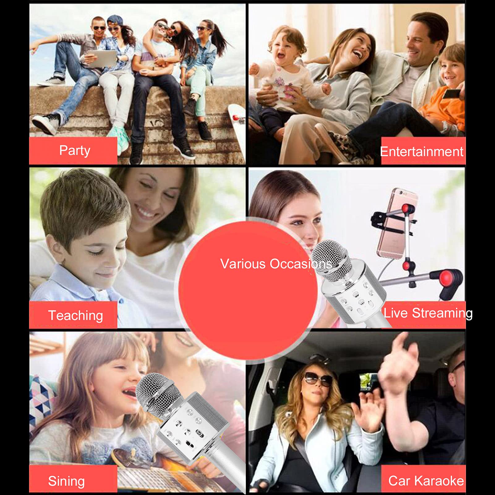WS-858 Bluetooth Karaoke Microphone Recording 3-in-1 Handheld Portable Mic Speaker Machine Music Player Recorder for Karaoke Party Wedding Meeting