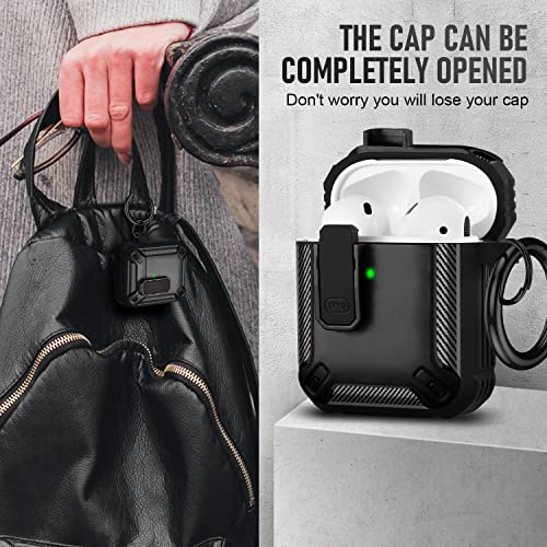 Youskin Airpod 1st Generation Case Secure Lock Clip Case,Carbon Fiber Airpod 1&2 Case Military Armor Series Full-Body Rugged Hard Shell Airpod 2nd Generation Case for Men Women with Keychain,Black