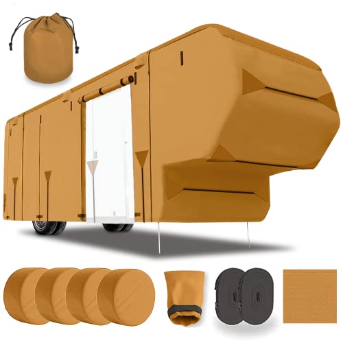 Lanceton 29-33 Ft Fifth Wheel 5th Wheel RV Trailer Cover Package Premium Heavy-Duty Waterproof Windproof Anti-UV Breathable Fabric Including 4 Tire Covers and 4 Sharp Edge Covers 2 Secure Straps