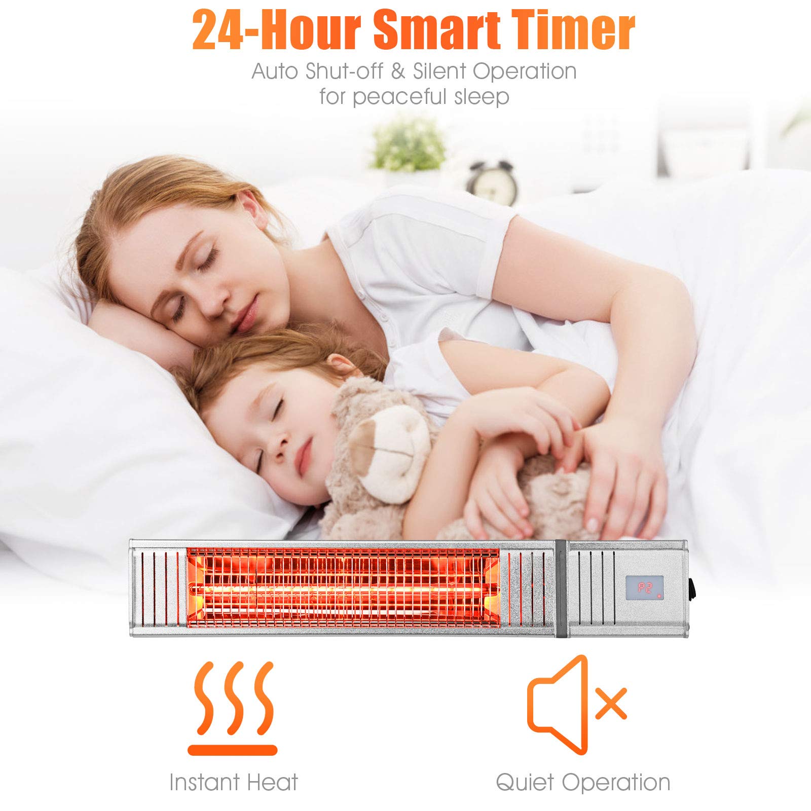 COSTWAY Electric Patio Heater 1500w, Wall-mounted Infrared Heater with Remote Control, 24H Timer, 9 Heat Setting, Quiet Outdoor Patio Heater for Garage, Home, Balcony