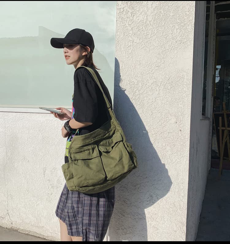 Canvas Messenger Bag Large Crossbody Bag with Multiple Pockets Canvas Shoulder Tote Bag for Women and Men (Green)