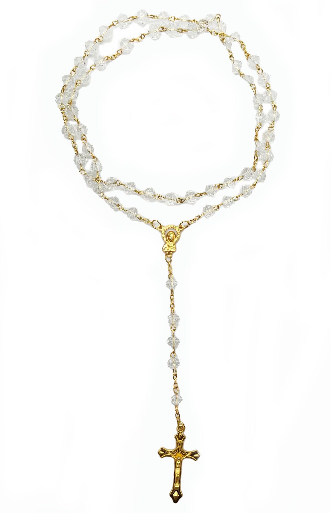 Catholic Our Lady of Guadalupe Crystal Rosary with Medals Rosario De La Virgen De Guadalupe Virgin Mary Prayer Rosary Necklace (White/Gold)