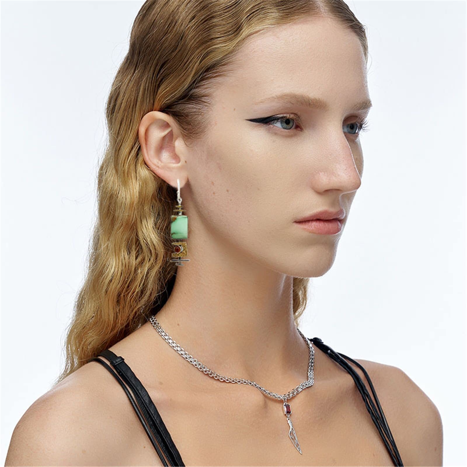 coadipress Long Turquoise Stone Earrings for Women Handmade Vintage Unique Chic Boho Geometric Statement Creative Ethnic Natural Gemstone Hoop Dangle Earrings Jewelry (Asymmetry Green Turquoise)