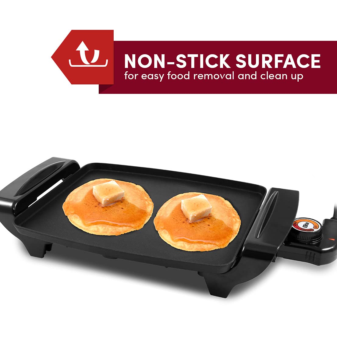 Elite Gourmet EGR-2722B Electric 10.5" x 8.5" Griddle, Cool-touch Handles Non-Stick Surface, Removable/Adjustable Thermostat, Skid Free-Rubber Feet, Black
