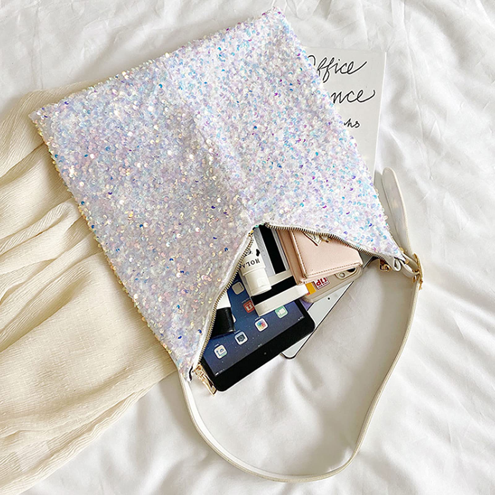 Meyaus Women Large Glitter Sequins PU Leather Shoulder Bag Armpit Bag Top-handle Bag