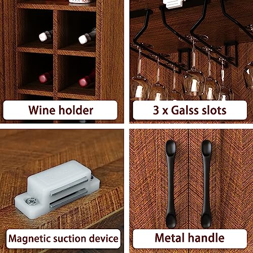 FROMJBEST Wine Bar Cabinet, Coffee Bar Cabinet with 2 Door and Shelf, Glass Holder, Accent Storage Cabinet, Buffet Sideboard for Dining Room, Kitchen (Brown)