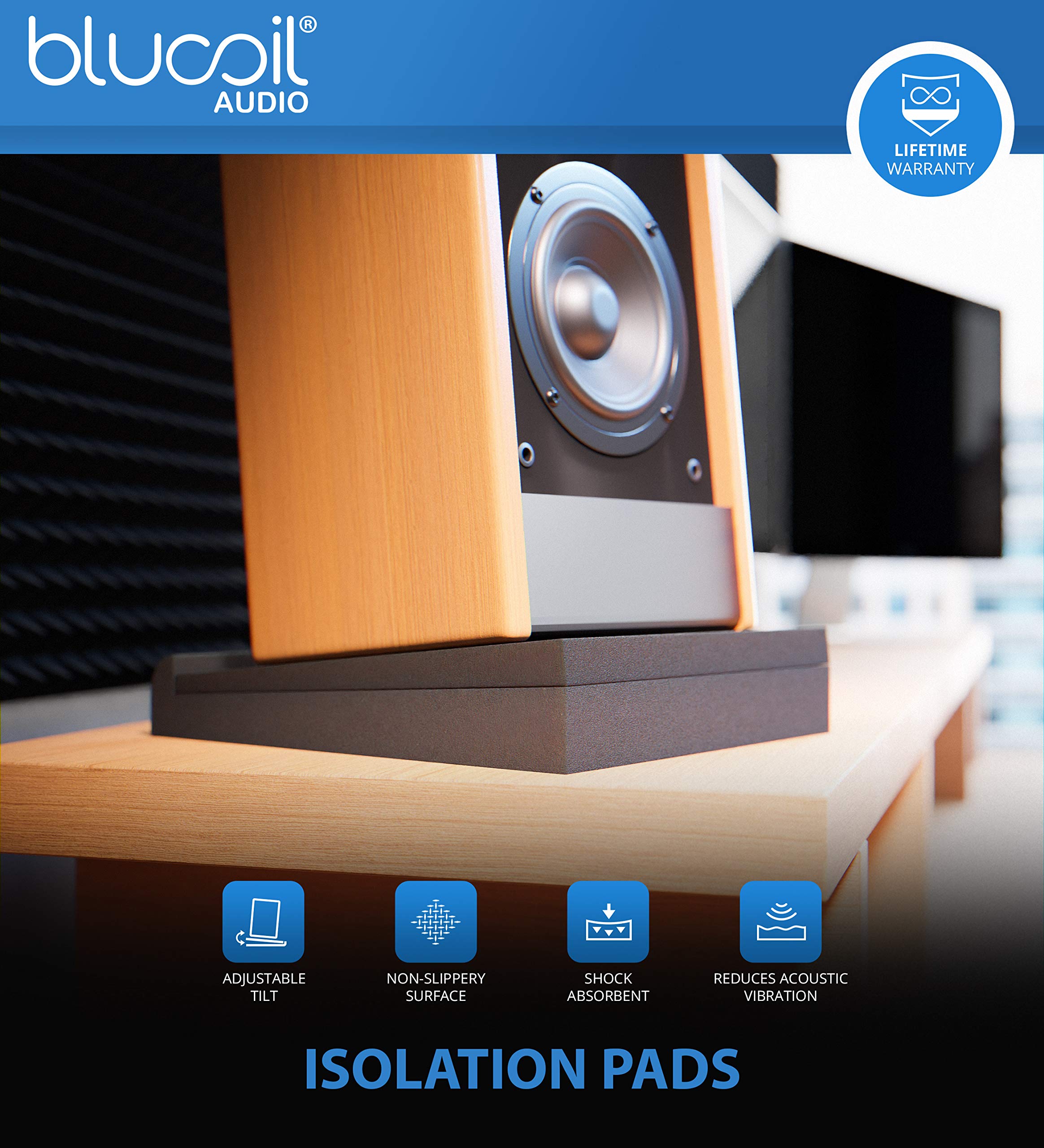 Samson MediaOne M30 3" Powered Studio Monitors with 3.5mm Outputs (Pair) Bundle with Blucoil Acoustic Isolation Pads (2-Pack), 12" Acoustic Wedges (4-Pack), and 5' Audio AUX Cable