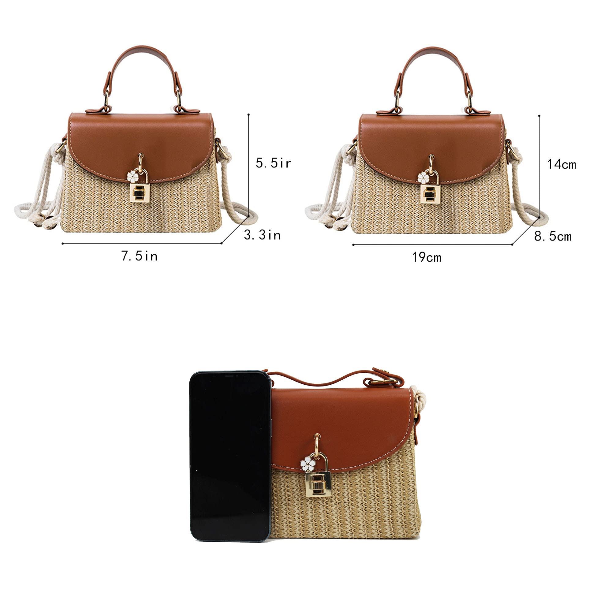 Meyaus Women Mini Lock Decoration Straw Woven Cross-body Shoulder Bag PU Leather Flap Top-handle Bag Handbag