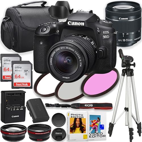 Canon EOS Rebel 90D DSLR Camera w/Canon EF-S 18-55mm is STM Lens + 2PC 64GB Memory Card + Tripod + Photo and Video Editor & More