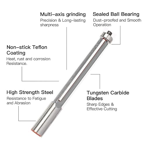 Flush Trim Router Bit 1/2 Shank by Sinoprotools, Extra Long Flush Trim Bit Cutting Length 3", Carbide Top Bearing Router Bit, Trim Router Bits, Flush Cut Router Bit, for Woodworking