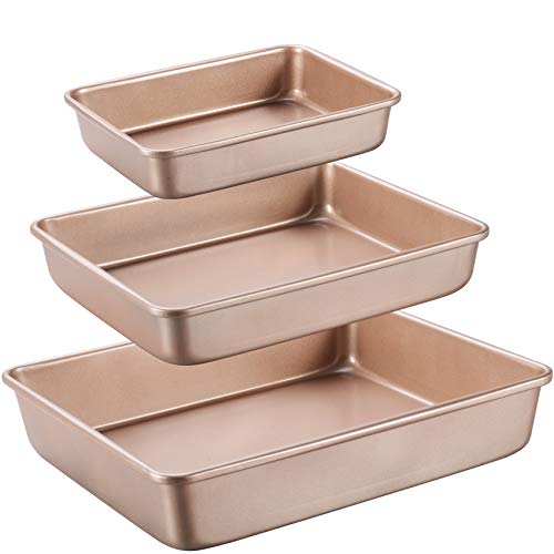 JOHO BAKING Deep Baking Pans Sets Nonstick,Baking Sheets for Oven,Bakeware Rectangular Cake Pan Set,3 Piece,Gold