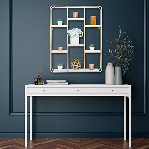 Sheffield Home Decorative Rounded Edge Metal and Wood Floating Shelf, Gold and White