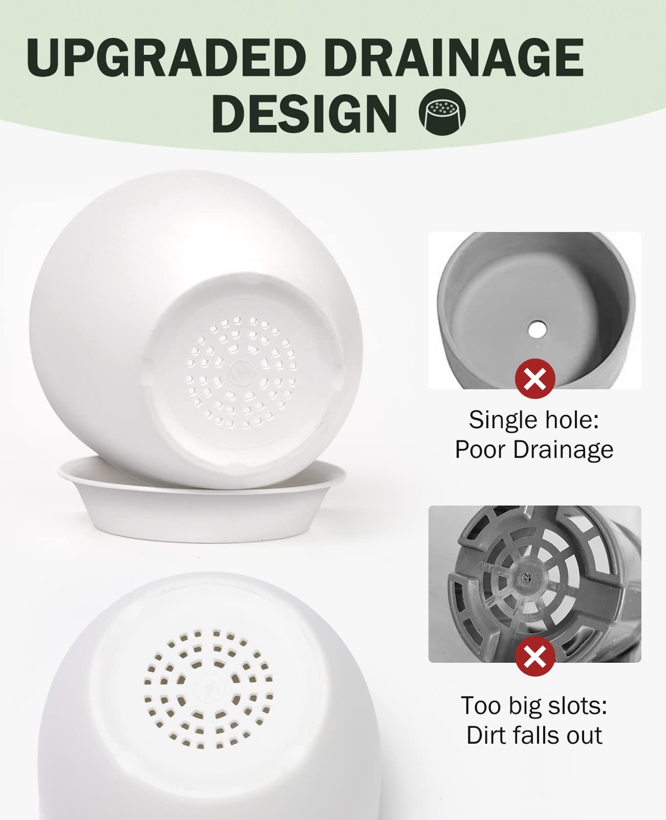 HOMENOTE Plastic Planter, 7/6/5.5/4.8/4.5 Inch Flower Pot Indoor Modern Decorative Pots for Plants with Drainage Hole and Tray for All House Plants, Succulents, Flowers, Cactus, White