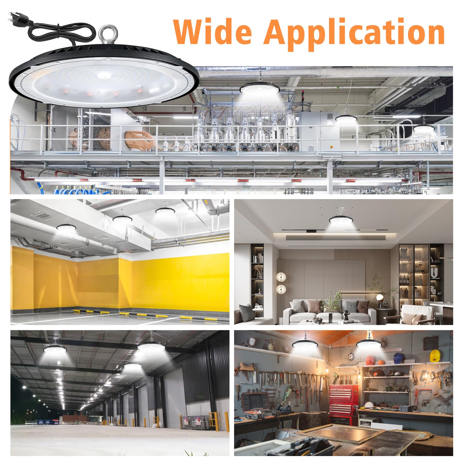Flyship UFO LED High Bay Light, 150W High Bay LED Shop Lights 21000LM 5000K, UFO LED High Bay Light for Garage Warehouse Workshop Factory Gym Barn, 5Ft Power Cord, IP65 Waterproof, 4 Pack