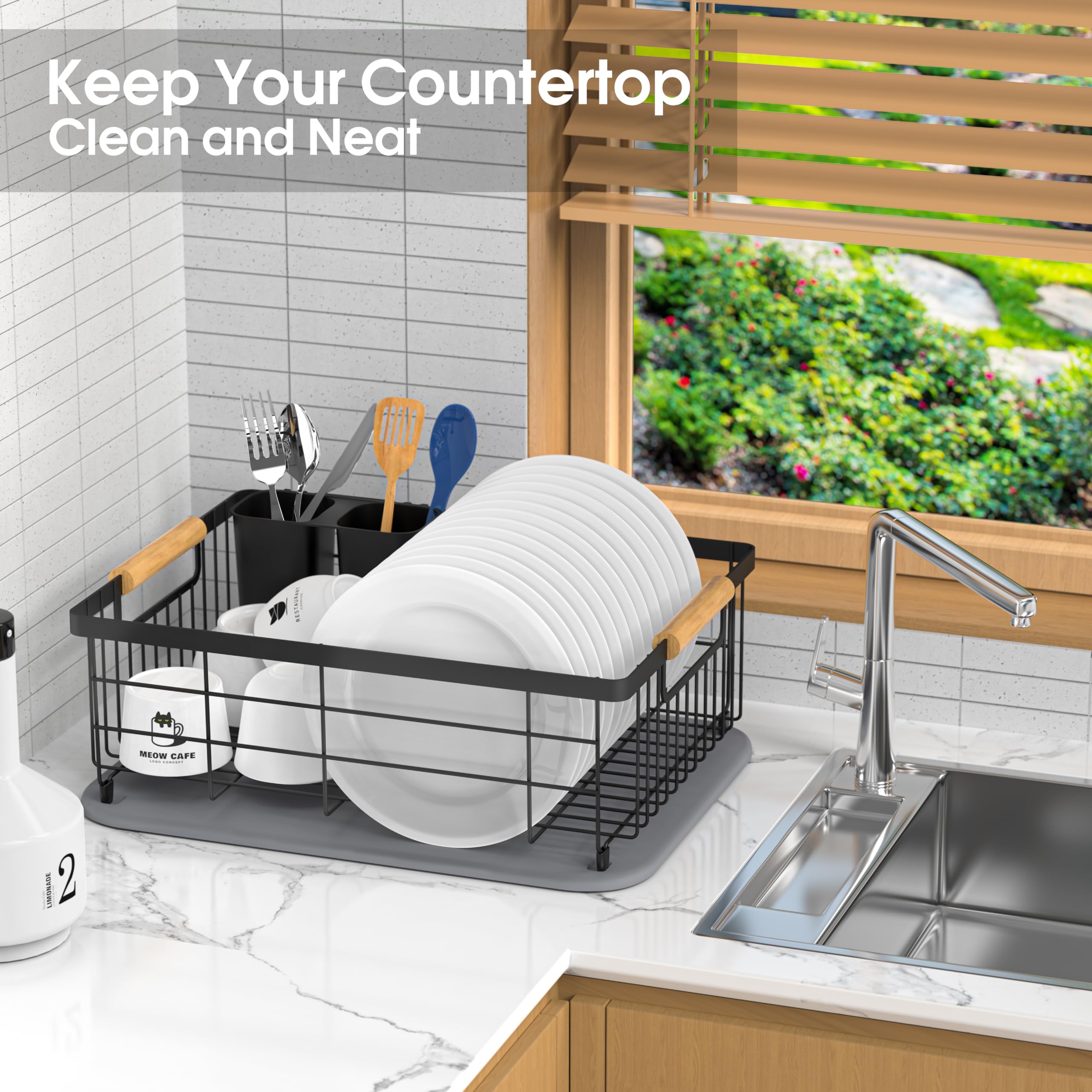 Dish Drying Rack with Diatomaceous Earth Dish Drying Mat for Kitchen Counter,15.7x11.8 inch Absorbent Non-Slip Diatomite Dish Drying Mat with Cutlery Holder(Grey)