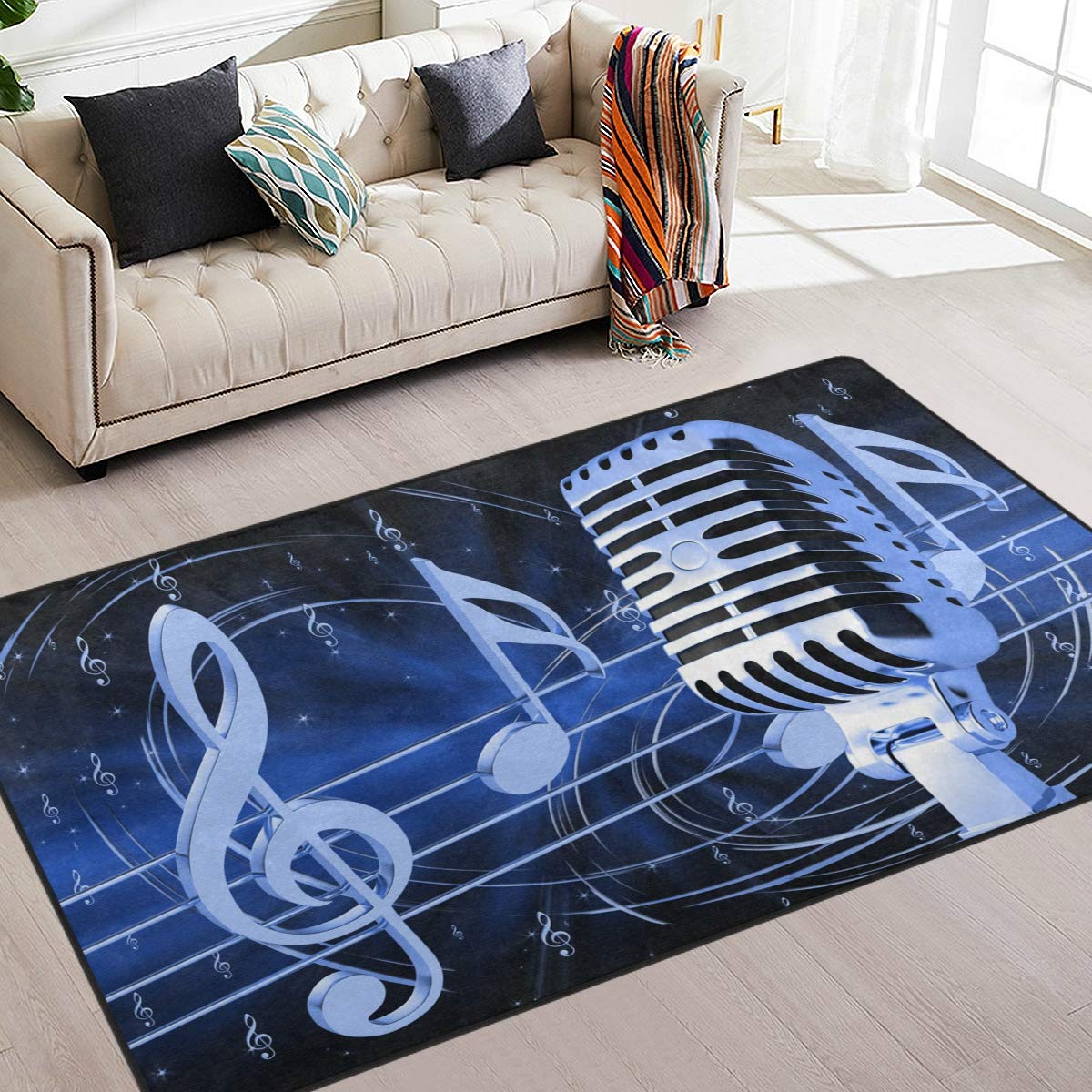 Naanle Music Musical Area Rug 5'x7', Microphone with Music Notes Polyester Area Rug Mat for Living Dining Dorm Room Bedroom Home Decorative