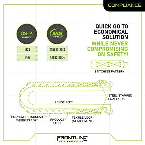 Frontline LIS61S Internal 6' Shock Absorbing Lanyard | Single Leg Lanyard Snap Hook Ends | ANSI & OSHA Compliant