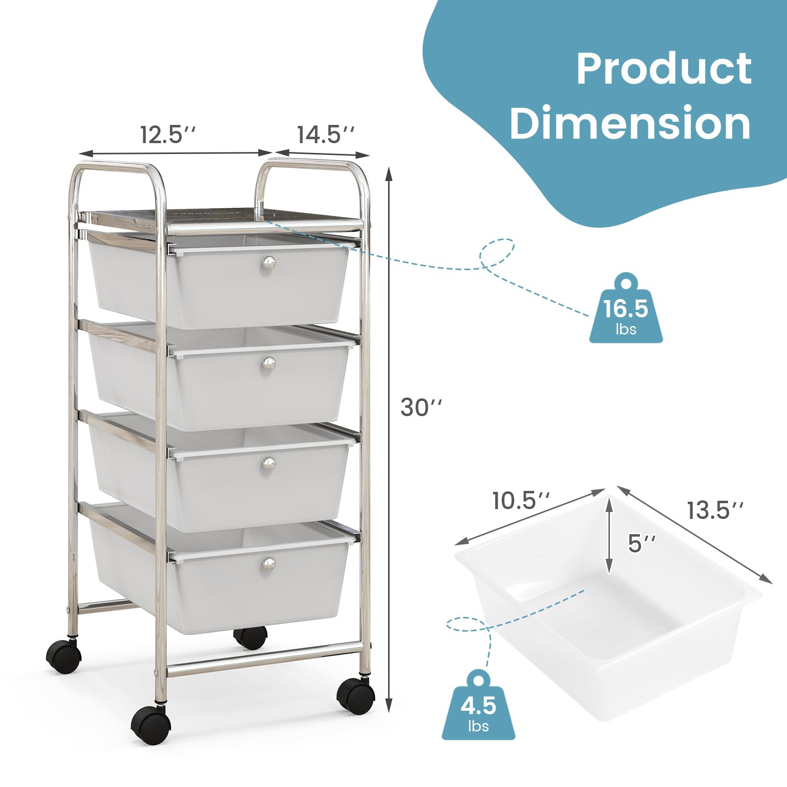 COSTWAY Rolling Storage Cart with 4 Drawers, Plastic Storage Cart and Organizer w/ 4 Removable Drawers, Multipurpose Organizer Cart for Home Scrapbook Paper Office School Tools (White)