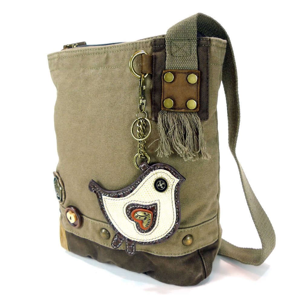 Canvas Patchwork Cross-body Messenger Bag with faux leather Animal Coin Purse (White Chichik Bird - Olive)