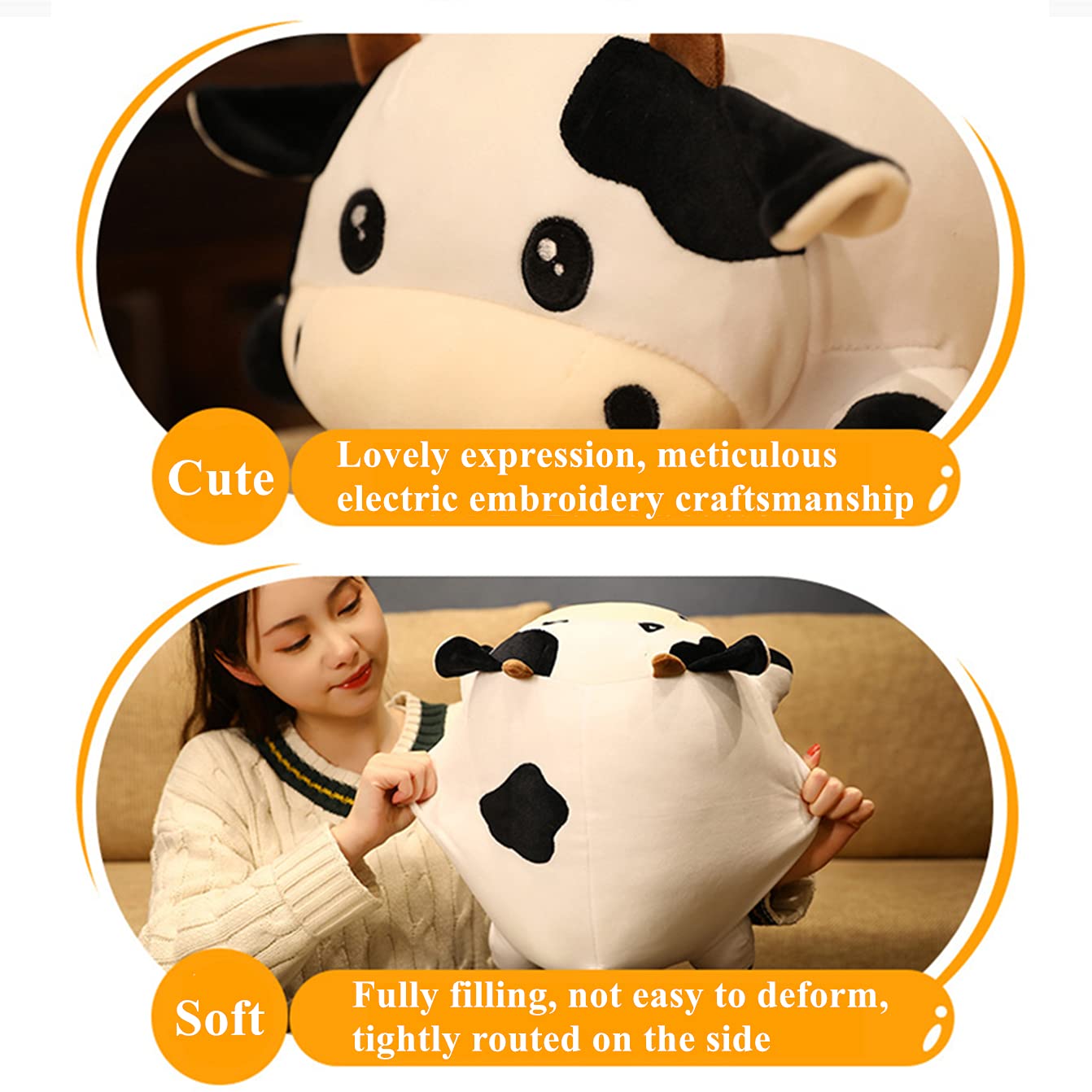 WUYU Cow Plush Pillow, Adorable Stuffed Animal Plush Toy, Soft Cow Hugging Pillow for Kids Boys Girls (Round Eyes,13.7in)