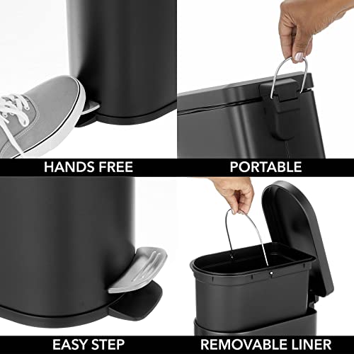 mDesign Small 2.6 Gallon Stainless Steel Metal Step Trash Can Garbage Bin for Bathroom, Bedroom, Home Office - D-Shape Trashcan with Foot Pedal/Lid, Removable Liner Bucket with Handles, Black