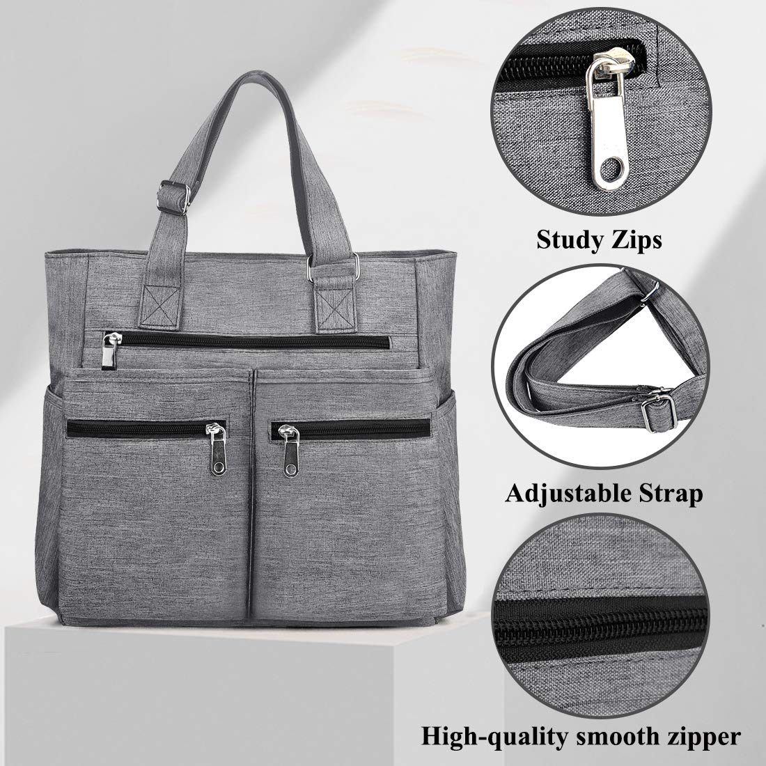 Canvas Tote Bag Waterproof Nylon Multi Pocket Shoulder Bags Laptop Work Bag Teacher Purse and Handbags for Women & Men (Grey 2)