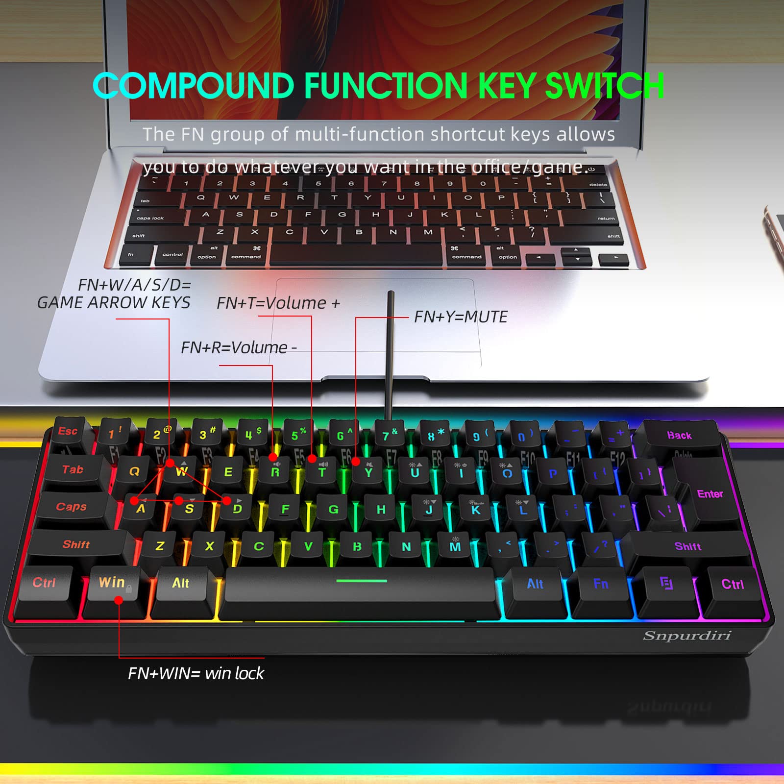 DGG 60% Wired Gaming Keyboard,Colorful Rainbow Key Cap,RGB Ergonomic Waterproof Small Mechanical Feeling Keyboard, for PC Mac PS4 Xbox Gamer, Typist, Travel