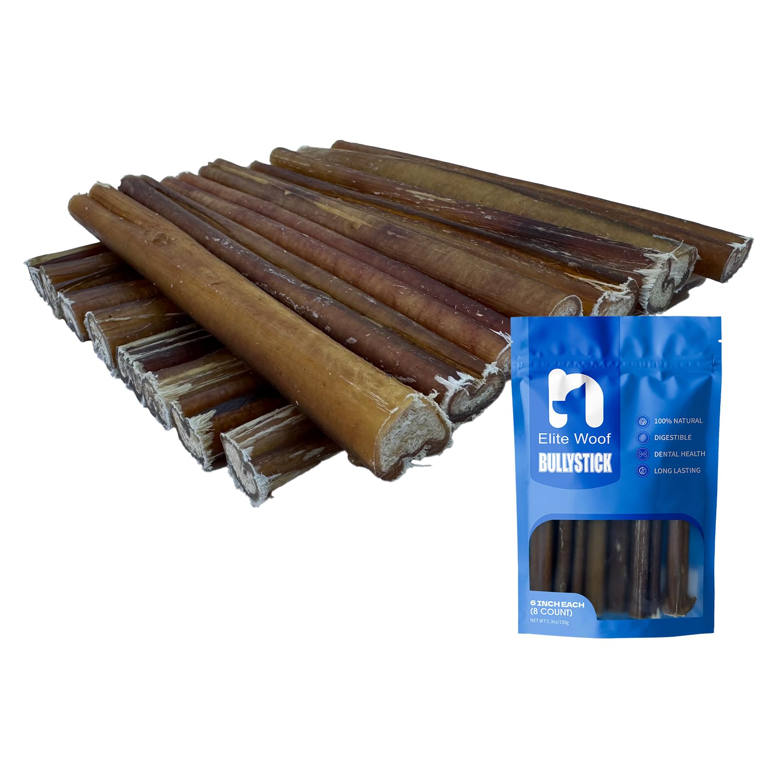 Elite Woof Bully Sticks for Dogs, Standard Size (6", 8Pcs) Rawhide Free Dog Chews Long Lasting Non-Splintering Pizzle Sticks - Low Odor Bully Sticks for Small Medium Dogs(8-32Pack Selectable)