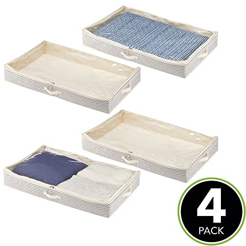 mDesign Soft Fabric Under Bed Storage Organizer Holder Bag for Clothing, Accessories, Linen - Easy-View Top Panel, Attached 2-Way Zippered Lid, Side Handles - 4 Pack - Natural/Cobalt Blue