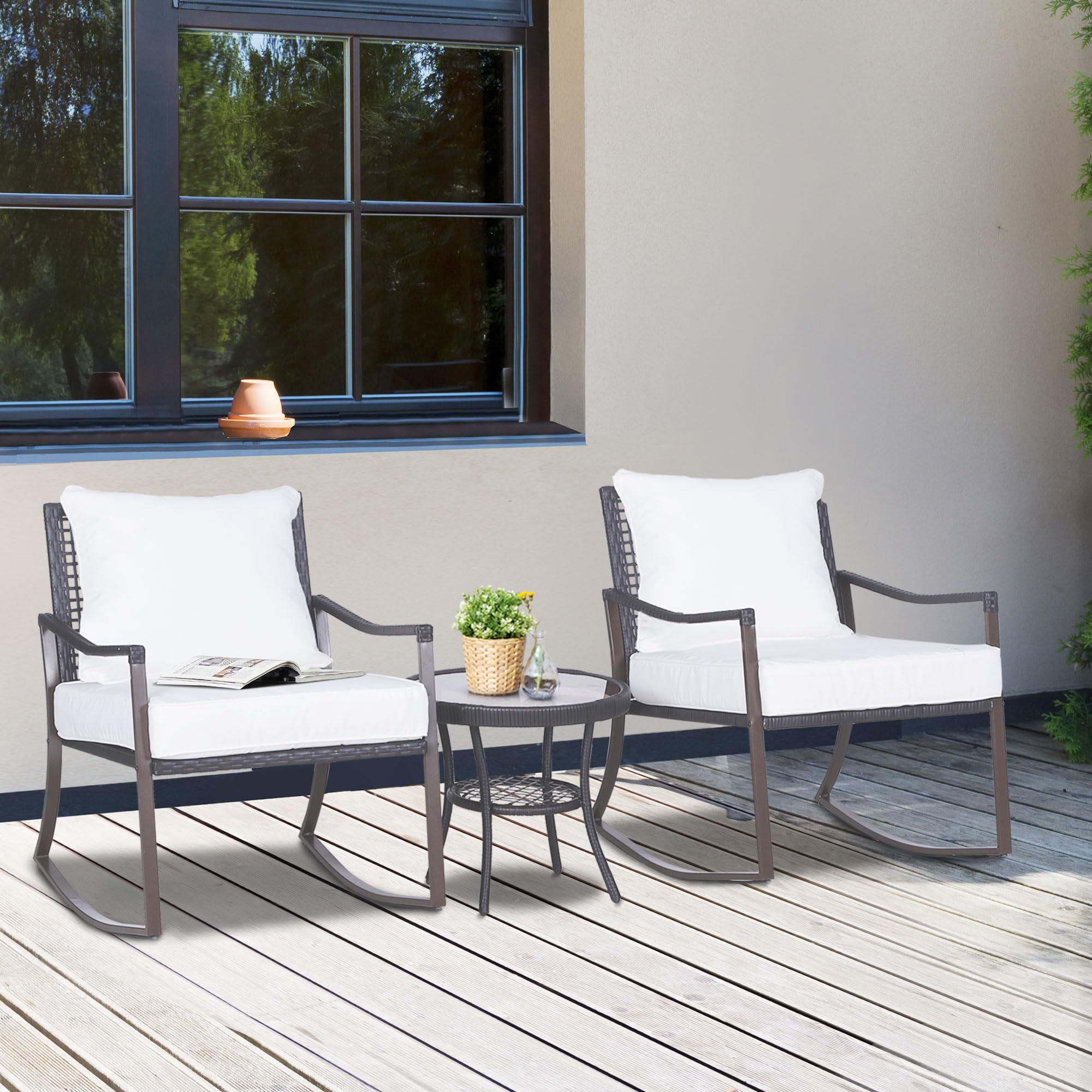 Outsunny 3 Piece Patio Rocking Bistro Set, Outdoor PE Rattan Wicker Rocking Chairs with Cushioned, Pillows, Two-Tier Glass Storage Shelf Coffee Table, Cream White