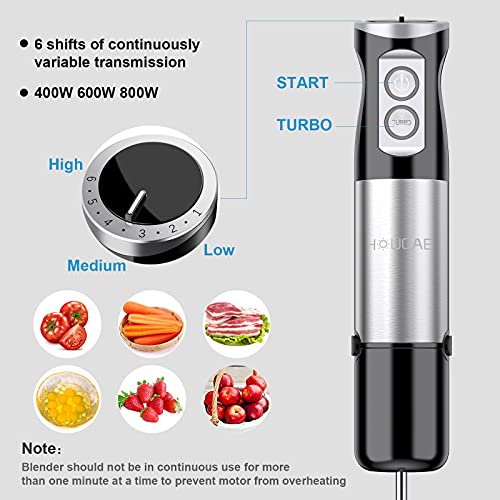 HOUCAE Hand Blender, Turbo for Finer Results, 4-in-1 Gift Set, 500 Watt 6-Speed Immersion Multi-Purpose Hand Blender Heavy Duty Copper Motor Brushed 304 Stainless Steel With Whisk, Milk Frother Attachments. Black.