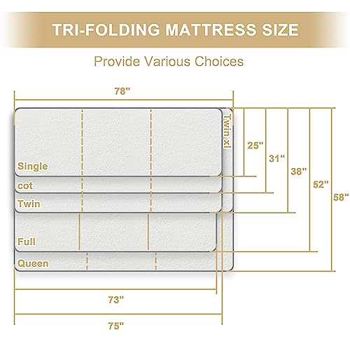 Lazyzizi Folding Mattress, 6 Inch Memory Foam Tri-fold Mattress with Breathable & Washable Bamboo Fiber Fabric Cover, Foldable Floor Mattress Guest Bed for Camping, Road Trip, Queen