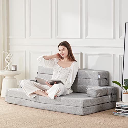 Lazyzizi Sleep 4 Inch Foldable Mattress, Portable Floor Mattress Couch with Headrest, Washable Cover, Foldable Foam Couch Full for Guest Bed, Folding Sofa Bed, Camping, Road Trip, Light Grey