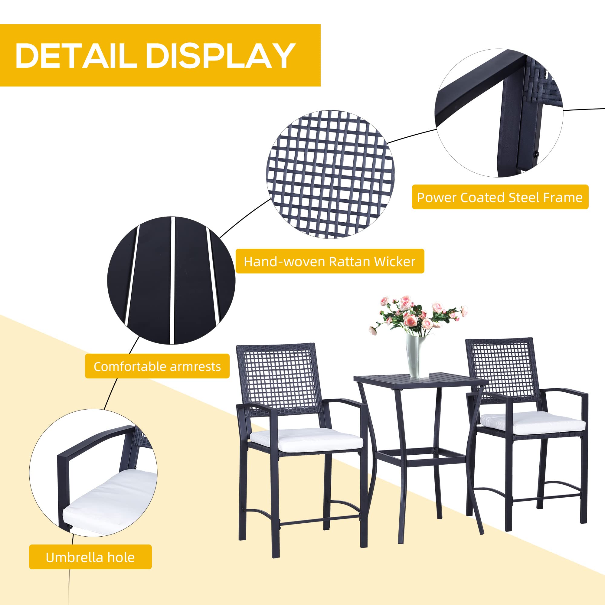 Outsunny 3pcs Patio Bar Set with Soft Cushion, Rattan Wicker Outdoor Furniture Set for Backyards, Lawn, Deck, Poolside