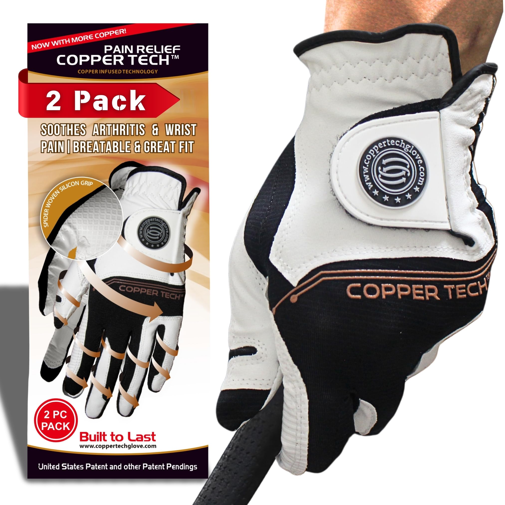 Copper Tech Men's Golf Gloves (2 Pack) - Crafted with 100% AAA Synthetic Leather - Advanced Copper Compression Golf Glove for Optimal Wrist and Joint Support (White/Black, X-Large, Left)