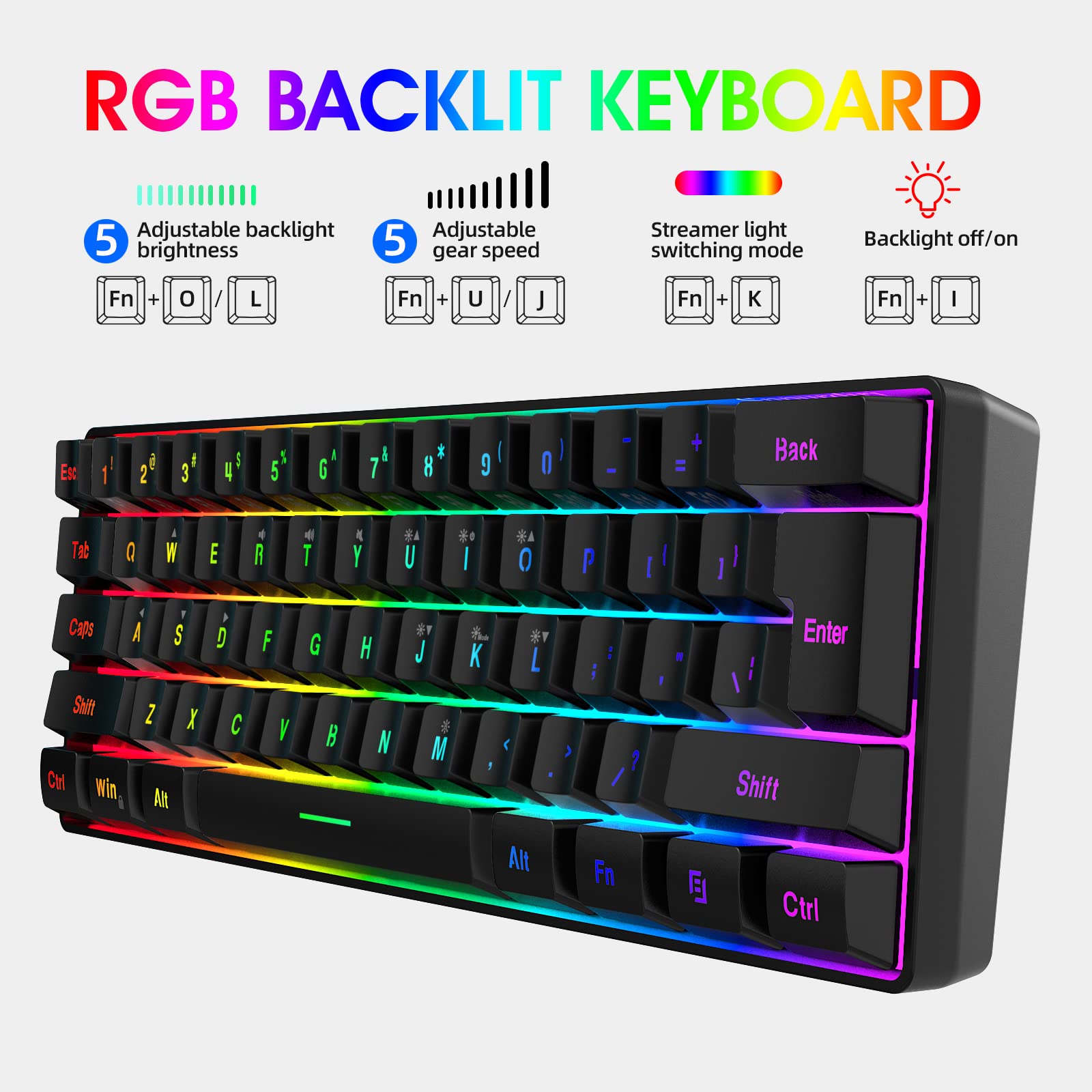 DGG 60% Wired Gaming Keyboard,Colorful Rainbow Key Cap,RGB Ergonomic Waterproof Small Mechanical Feeling Keyboard, for PC Mac PS4 Xbox Gamer, Typist, Travel